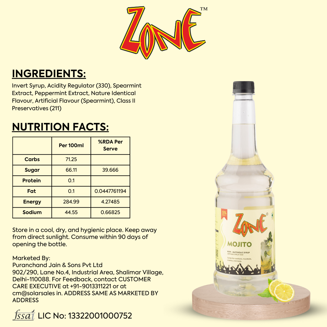 Zone Mojito Flavoured Syrup 1L | Mocktails, Cocktails & more – ZONE